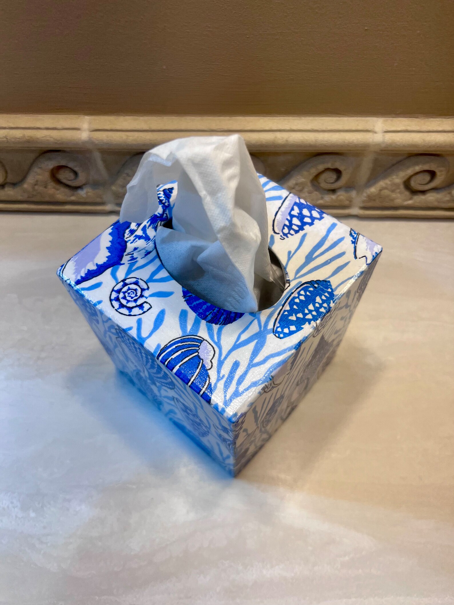 Beach Inspired Blue Toile Multi-seashell Tissue Box Cover - Etsy