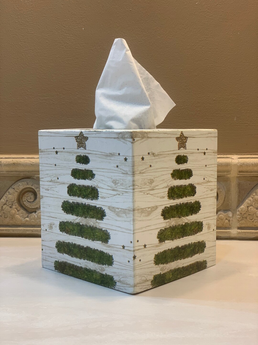 Rustic Christmas Tree Tissue Box Cover: Green & White Holiday Decor - Etsy
