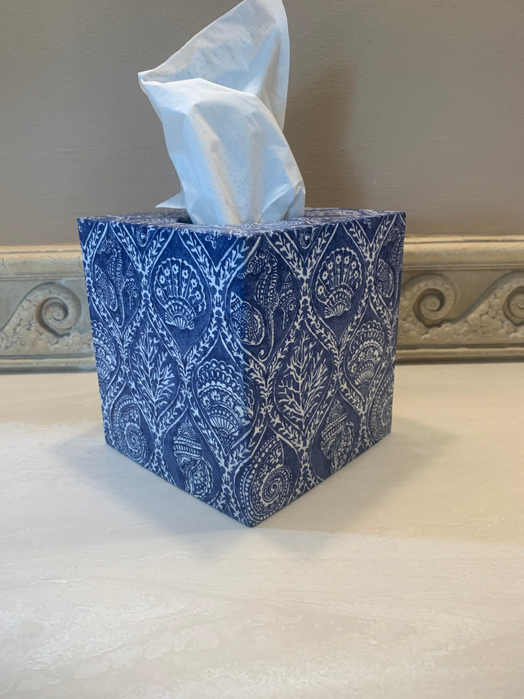 Beach Inspired Blue Sea Shells Tissue Box Cover With White Base - Etsy
