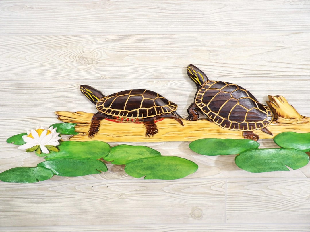 NEW Wood Carved Wall Art PAINTED TURTLES W/ Lily Pads, Wood Carving Art ...