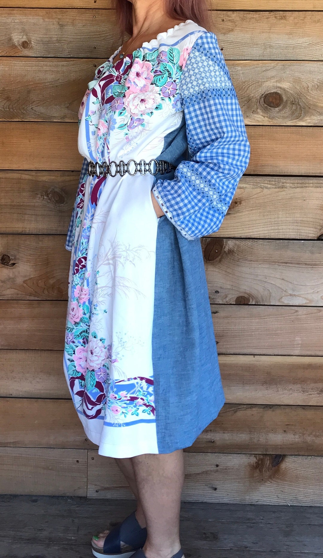 Repurposed Vintage Dress Material Chambray Tablecloth Embroidered ...