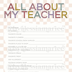 All About My Teacher First Day of School *DIGITAL* Printable | Instant ...