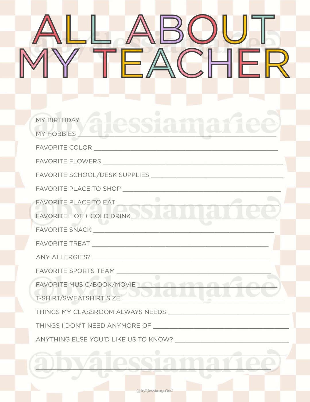 All About My Teacher First Day of School *DIGITAL* Printable | Instant ...