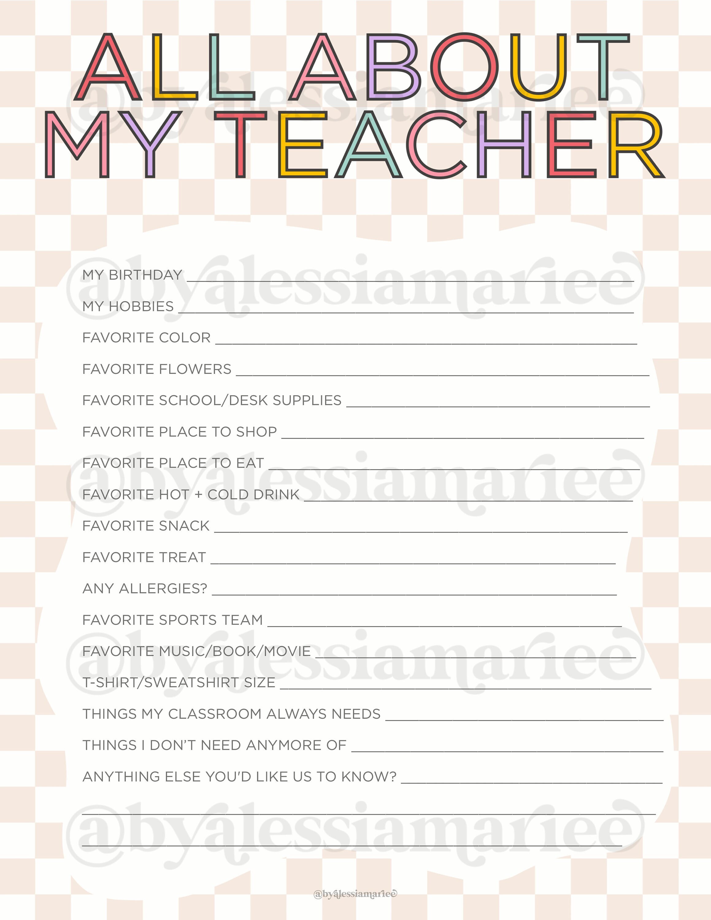 All About My Teacher First Day of School DIGITAL Printable Instant ...