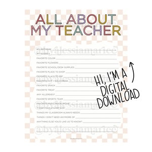 All About My Teacher First Day of School *DIGITAL* Printable | Instant ...