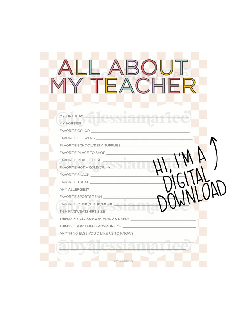All About My Teacher First Day of School *DIGITAL* Printable | Instant ...
