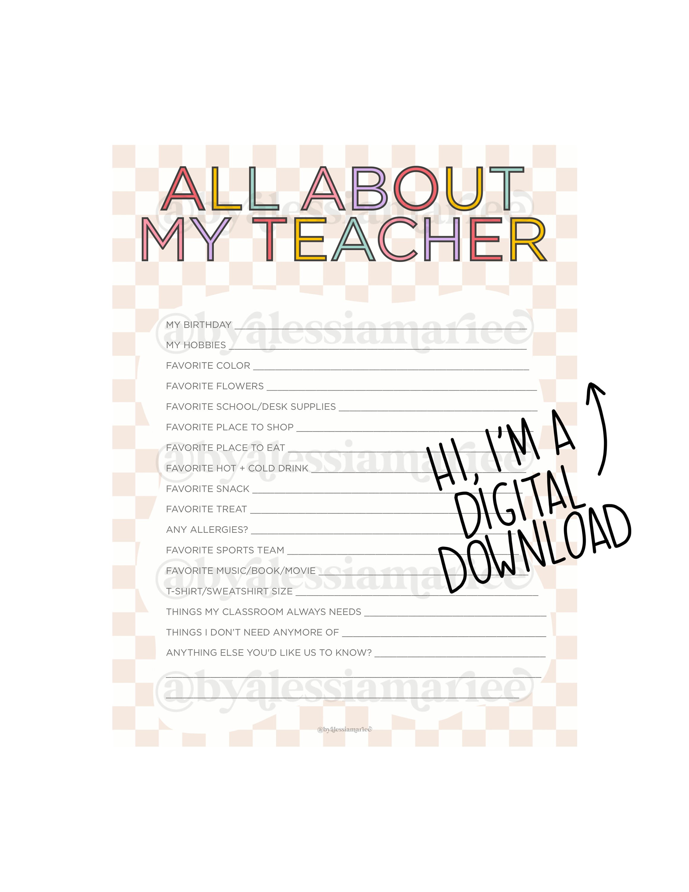 All About My Teacher First Day of School DIGITAL Printable Instant ...