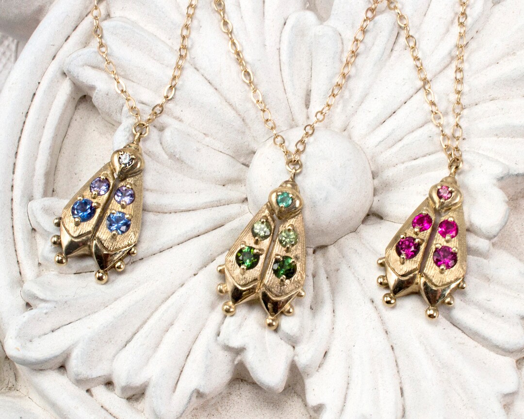 Firefly Necklace - 14K Gold Beetle, Bug Pendant With Gemstones - Etsy