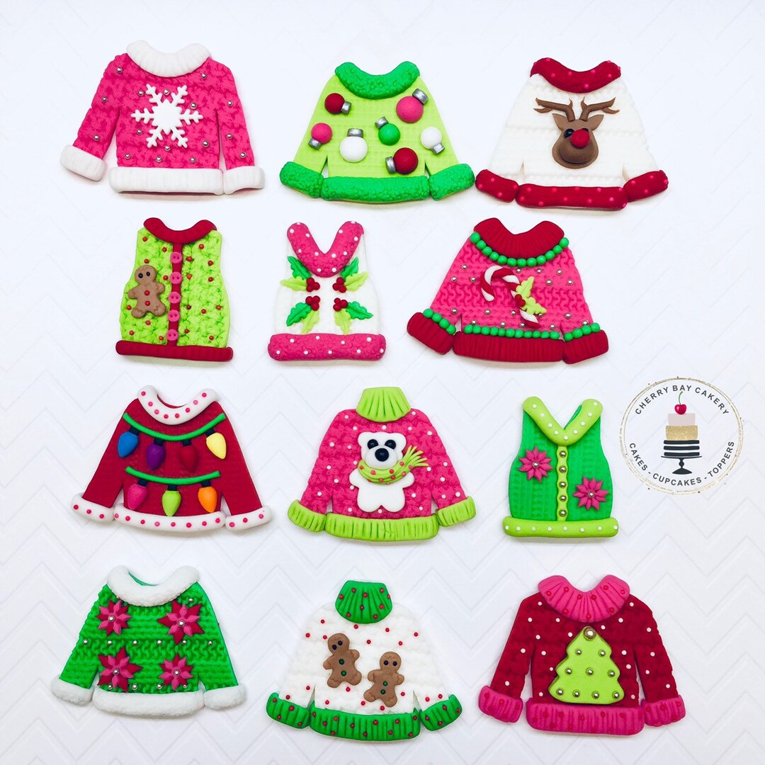 Ugly Christmas Sweater Cupcake Toppers, Fondant Christmas Sweaters ...