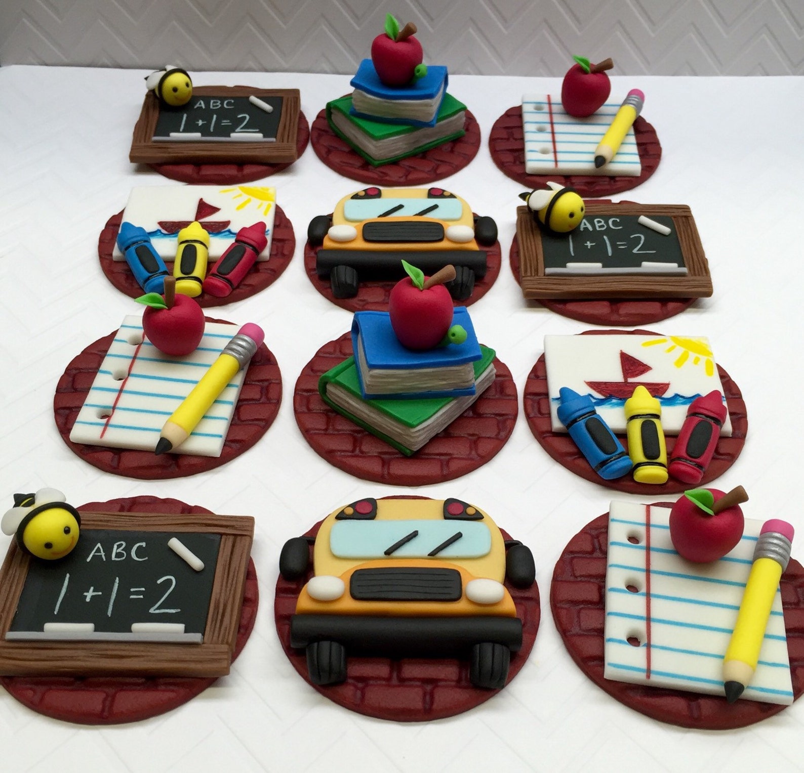Fondant School Theme Cupcake Toppers, Fondant Apple, Fondant Pencil ...