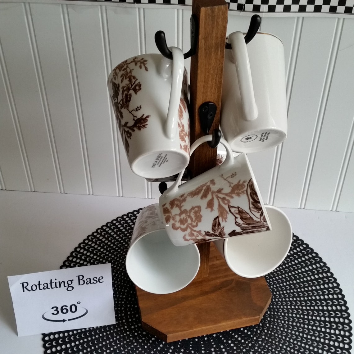 Rotating Mug Stand/ 6 Hook Coffee Cup Holder / Wood Rustic | Etsy