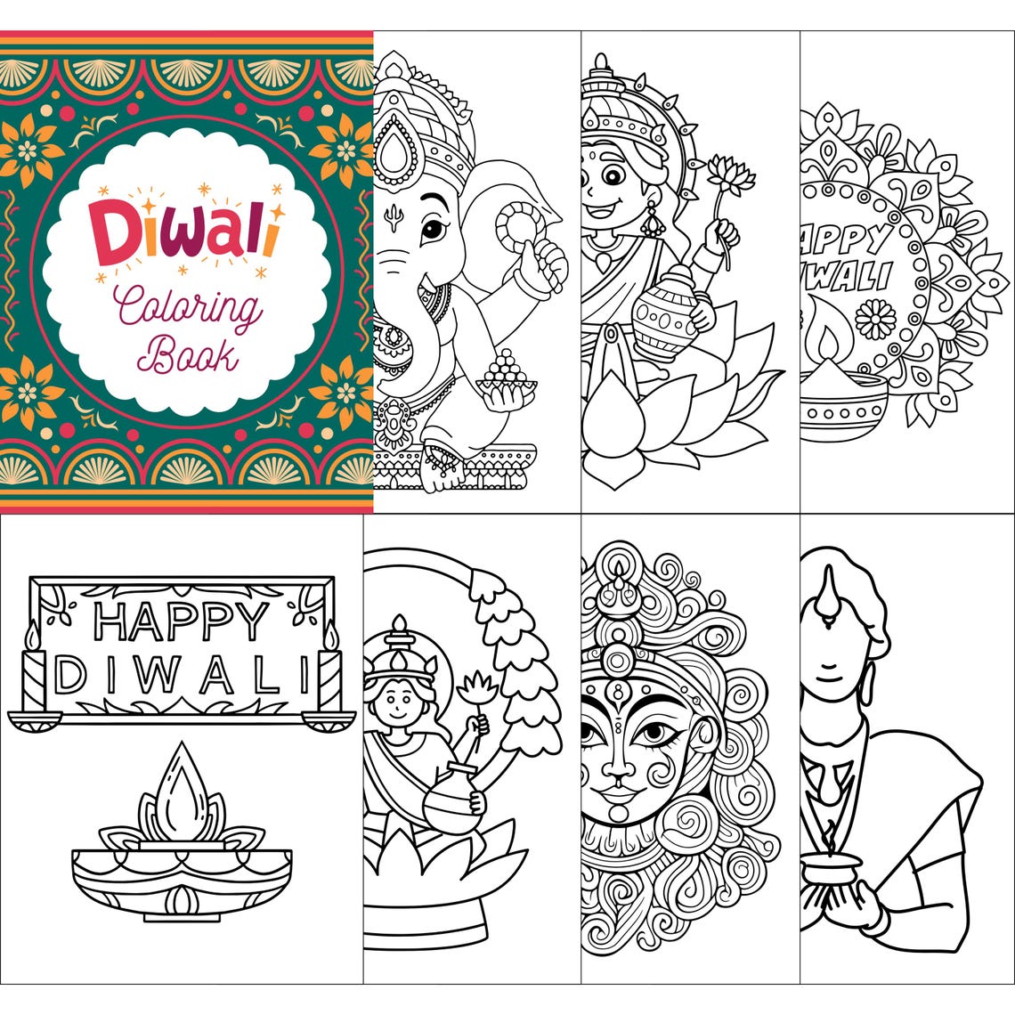 Diwali Coloring Book | 75 Page Printable Coloring Pages | Festival of ...