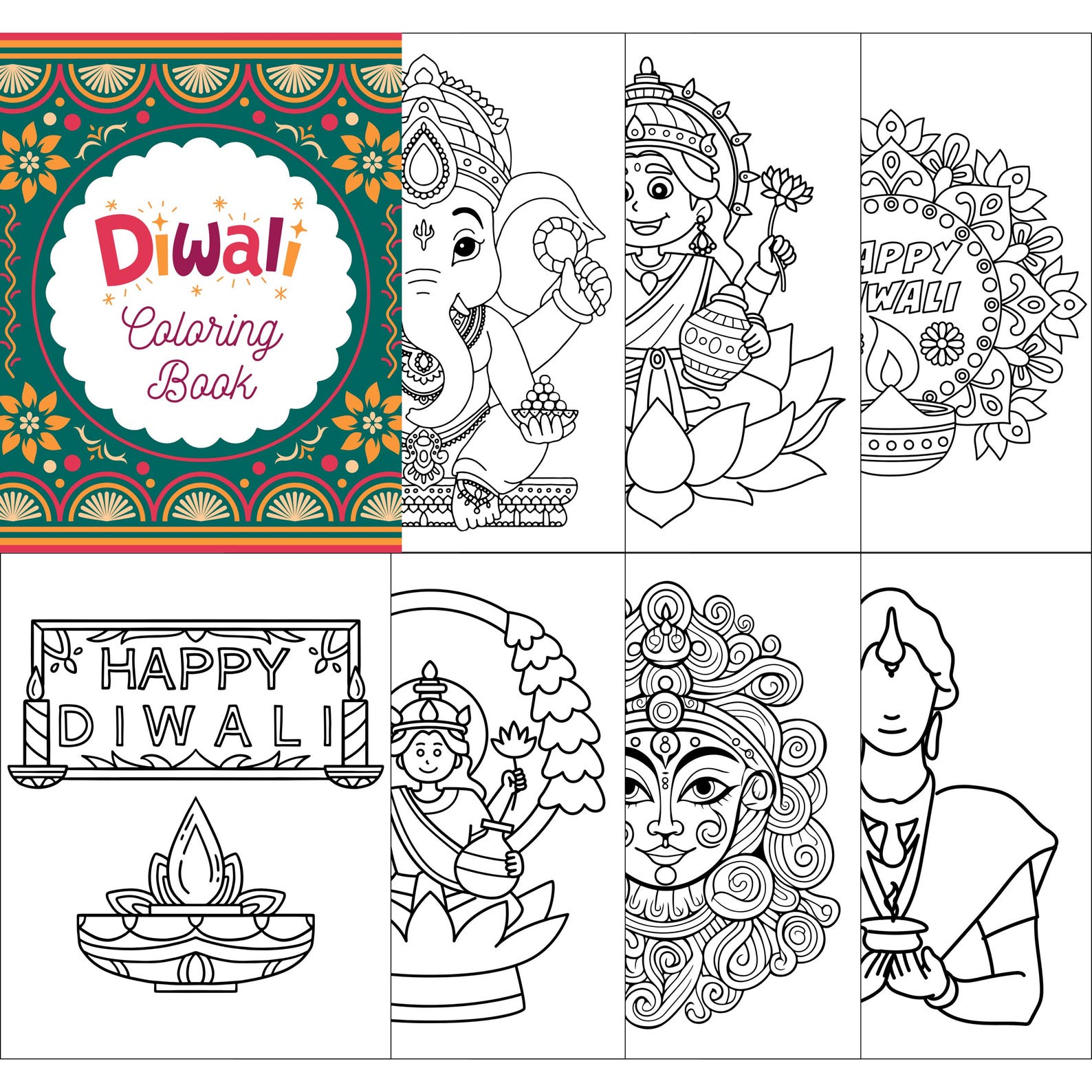 Diwali Coloring Book | 75 Page Printable Coloring Pages | Festival of ...