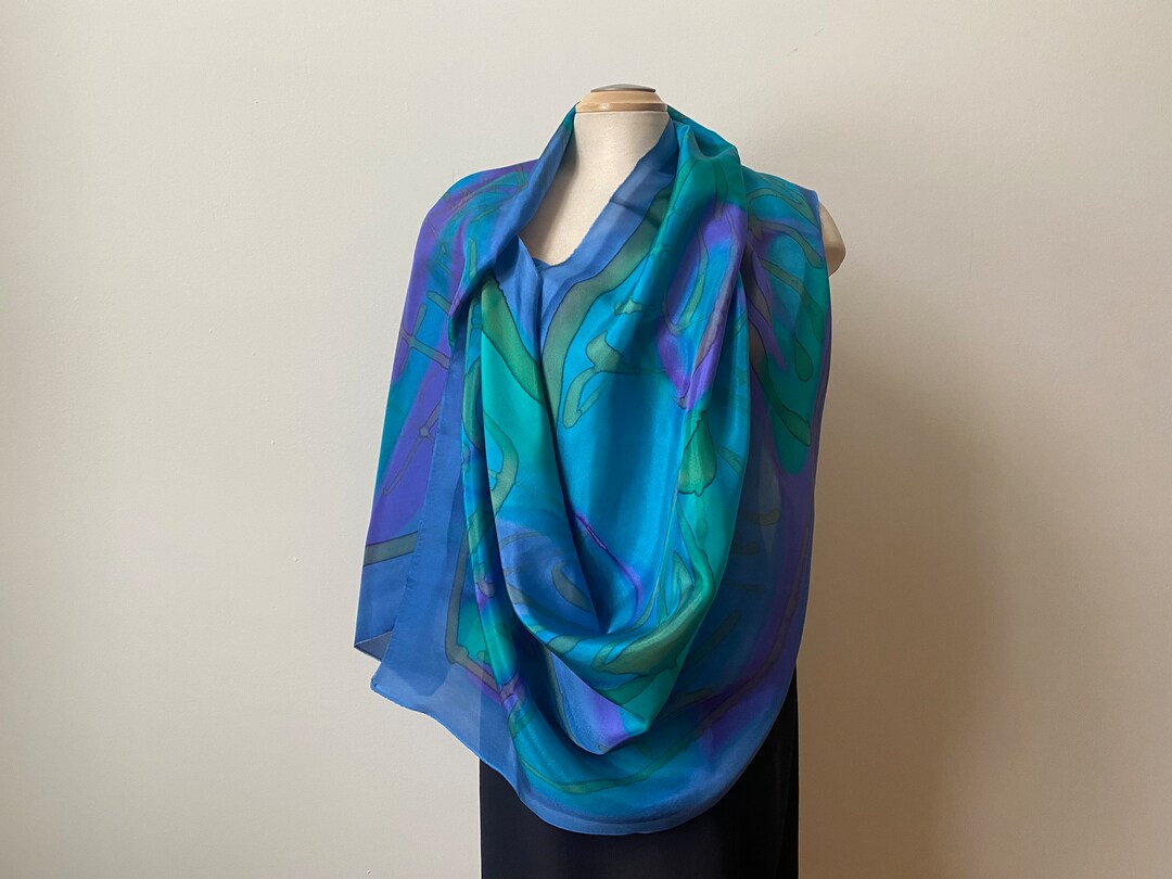 Blue and Green Hand-painted Silk Scarf Art to Wear, Designer Art Scarf ...