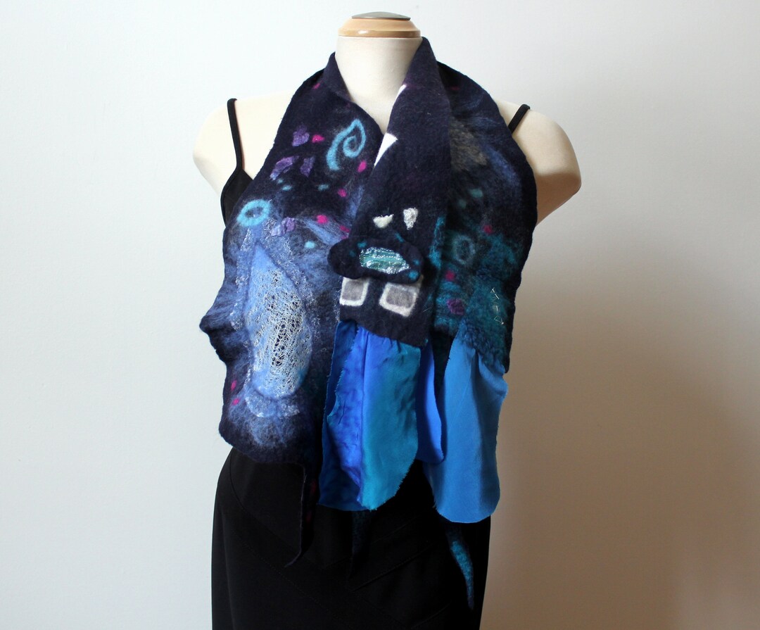 Hand-felted Unique Art Scarf in Blue Colours - Etsy