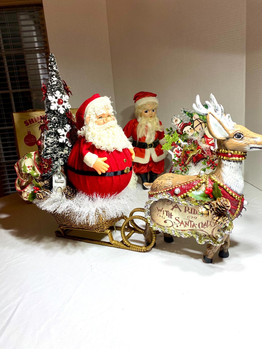 Large Vintage Santa, Reindeer and Sleigh Vintage Assemblage-wicker ...