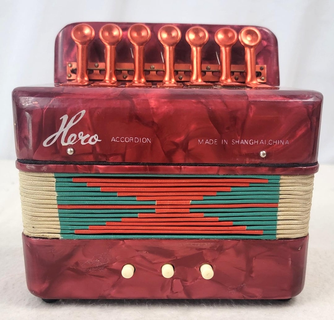 Vintage Hero Accordion Red Marbleized 7 Key 3 Button Toy Instrument ...