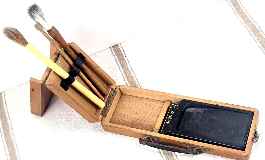 Vintage Japanese Lakubundo Sumi Sumi-e Calligraphy Set in Wooden Box ...