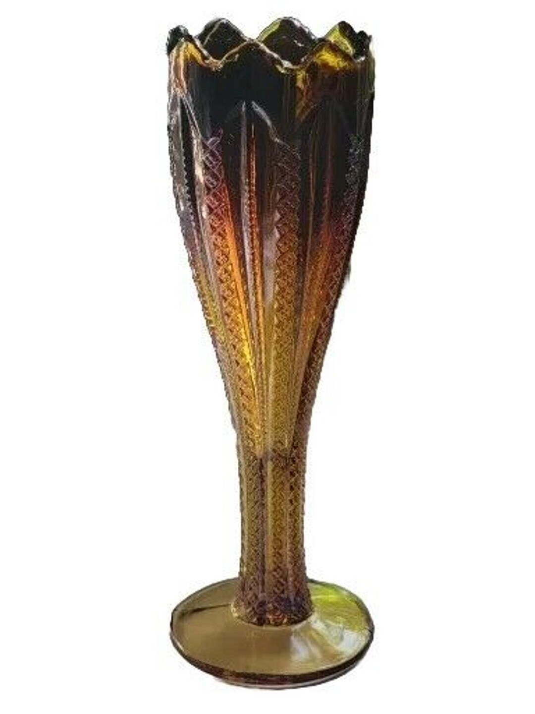Vintage Tiara Glass Dark Amber Vase Burnt Honey Zipper Style Decorative ...