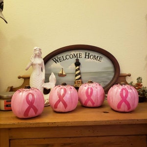 Pink Ribbon Breast Cancer Awareness Pumpkin: Handpainted Jeweled Decor ...