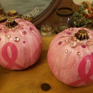 Pink Ribbon Breast Cancer Awareness Pumpkin: Handpainted Jeweled Decor ...