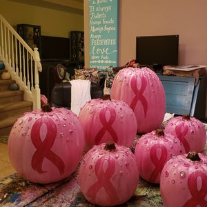 Pink Ribbon Breast Cancer Awareness Pumpkin: Handpainted Jeweled Decor ...