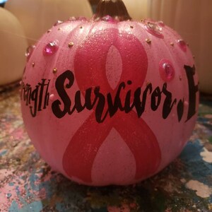 Pink Ribbon Breast Cancer Awareness Pumpkin: Handpainted Jeweled Decor ...