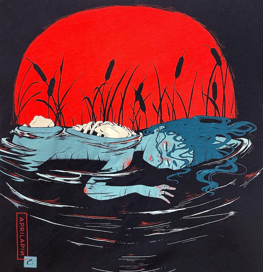 RESERVOIR - Skeleton Bog Body Swamp Cattails Sunset Tee Horror Original ...