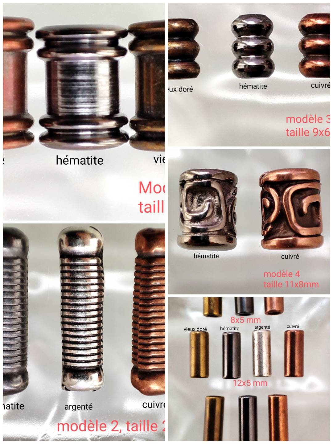 Set of 5 Tubes in Old Gold, Hematite, Silver or Copper Metal. These ...