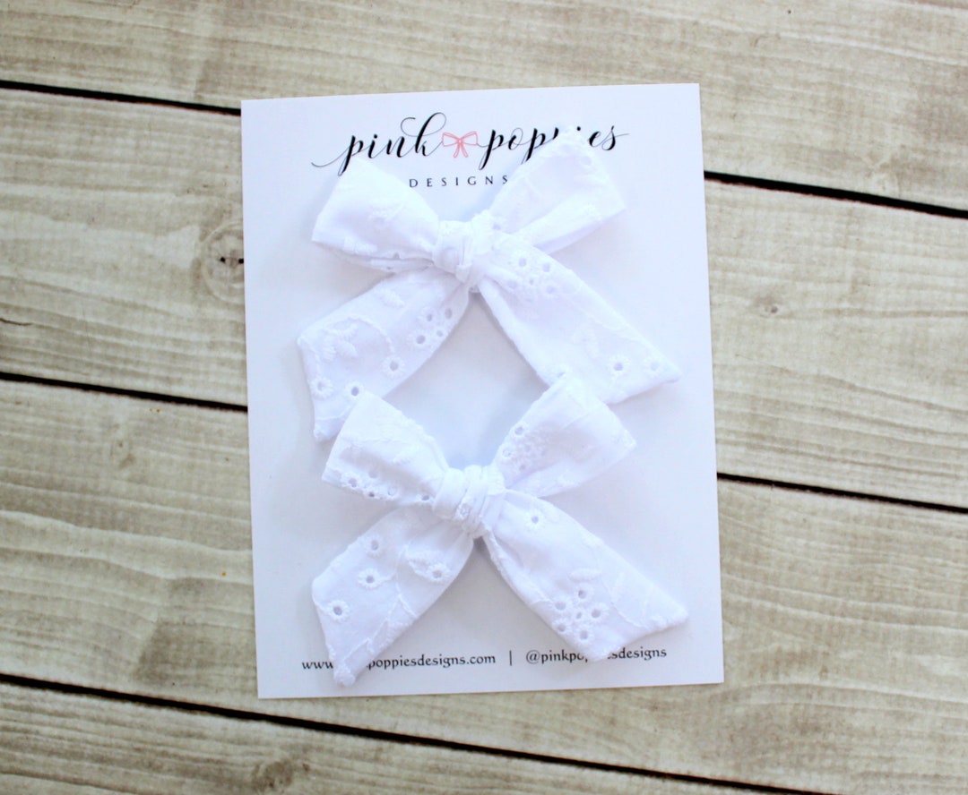 White Eyelet Pig Tail Set, White Baby Bows, Eyelet Pig Tail Bows ...