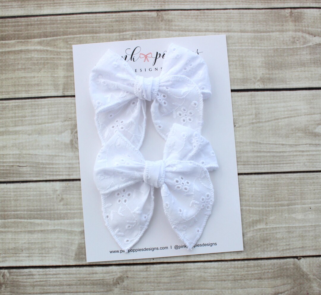 White Eyelet Pigtail Bows, White Hair Bows, Toddler Pigtail Bows, White ...