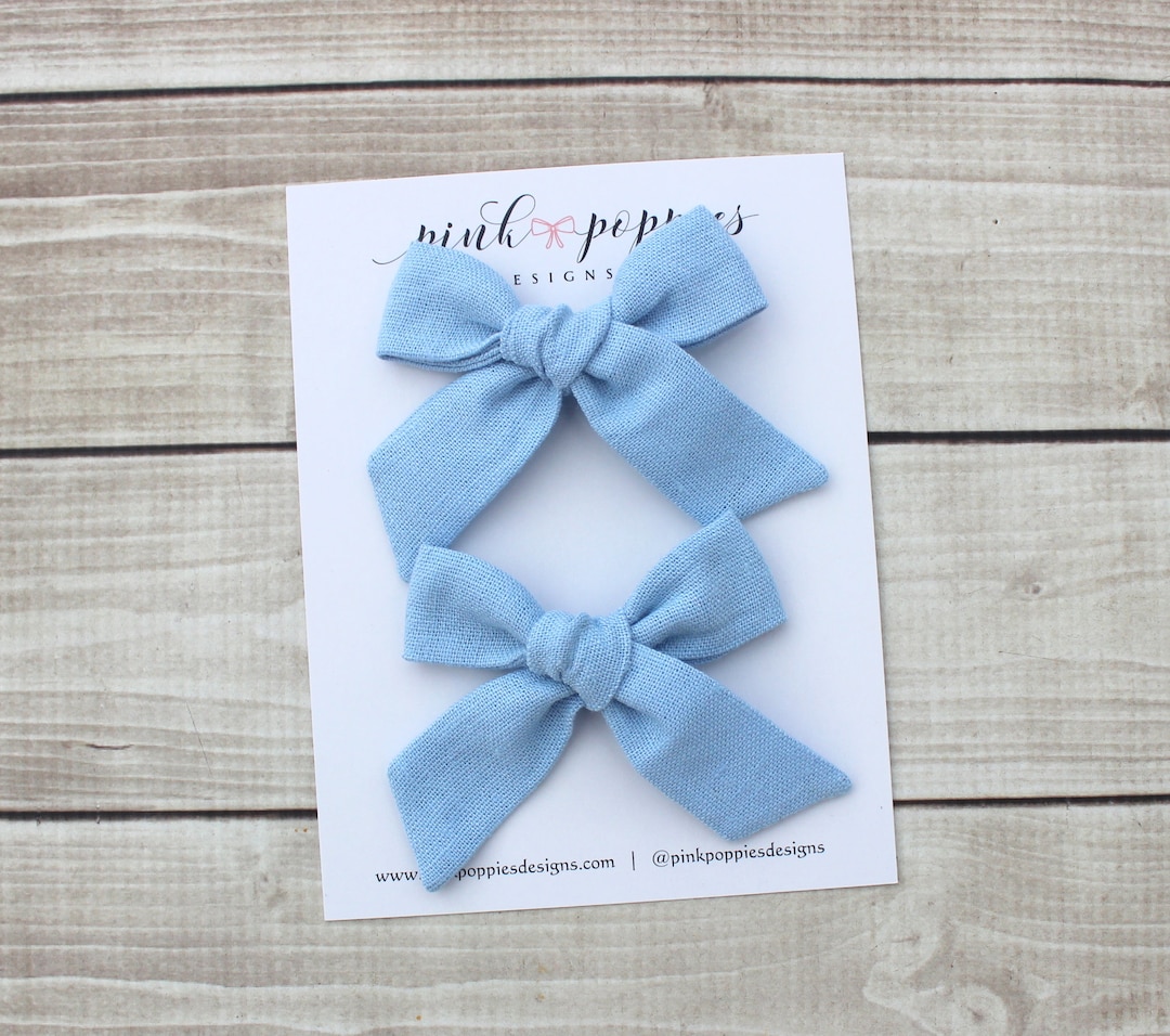 Baby Blue Linen Pigtail Bows, Blue Linen Bows, Light Blue Hair Bows ...