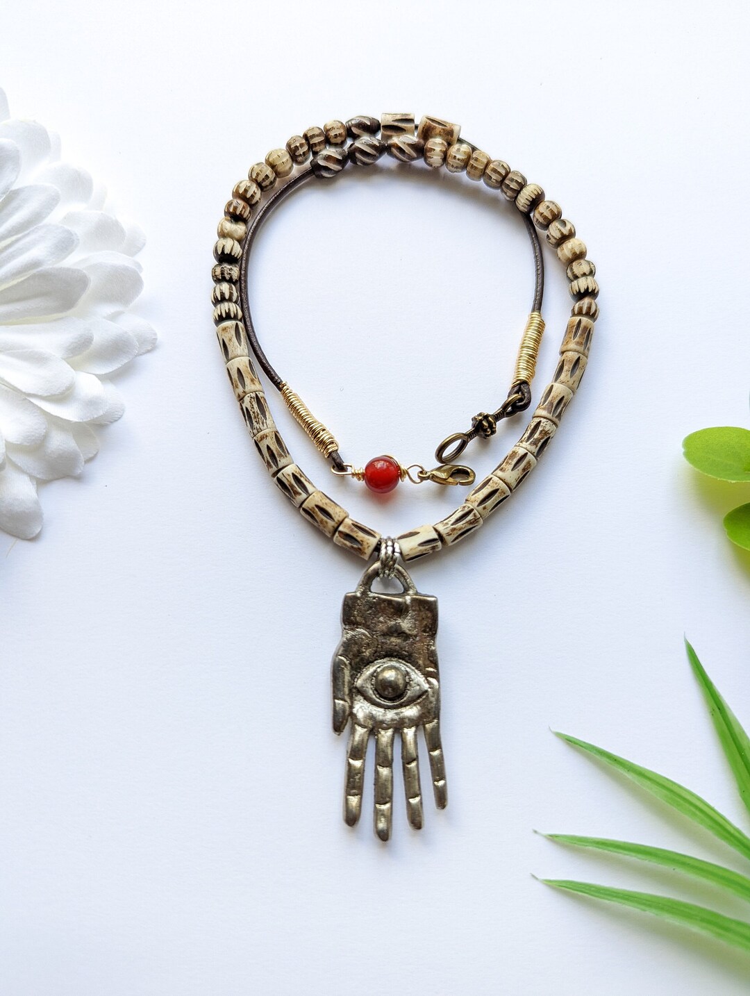 Silver Hamsa Pendant Leather Bone Talisman Necklace, Protective ...