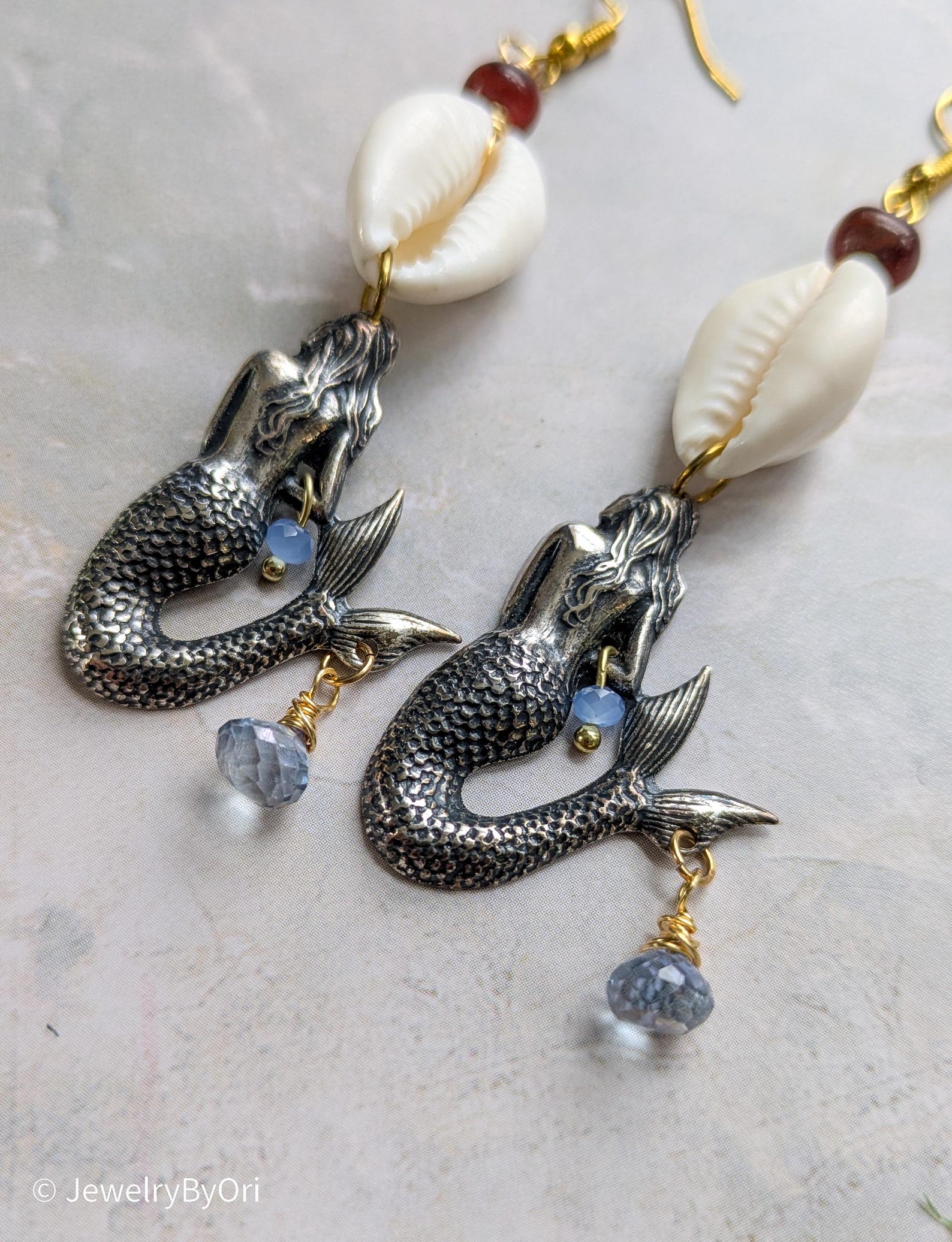 Cowrie Shell Gemstone Mermaid Earrings, Orisha Statement Earrings ...