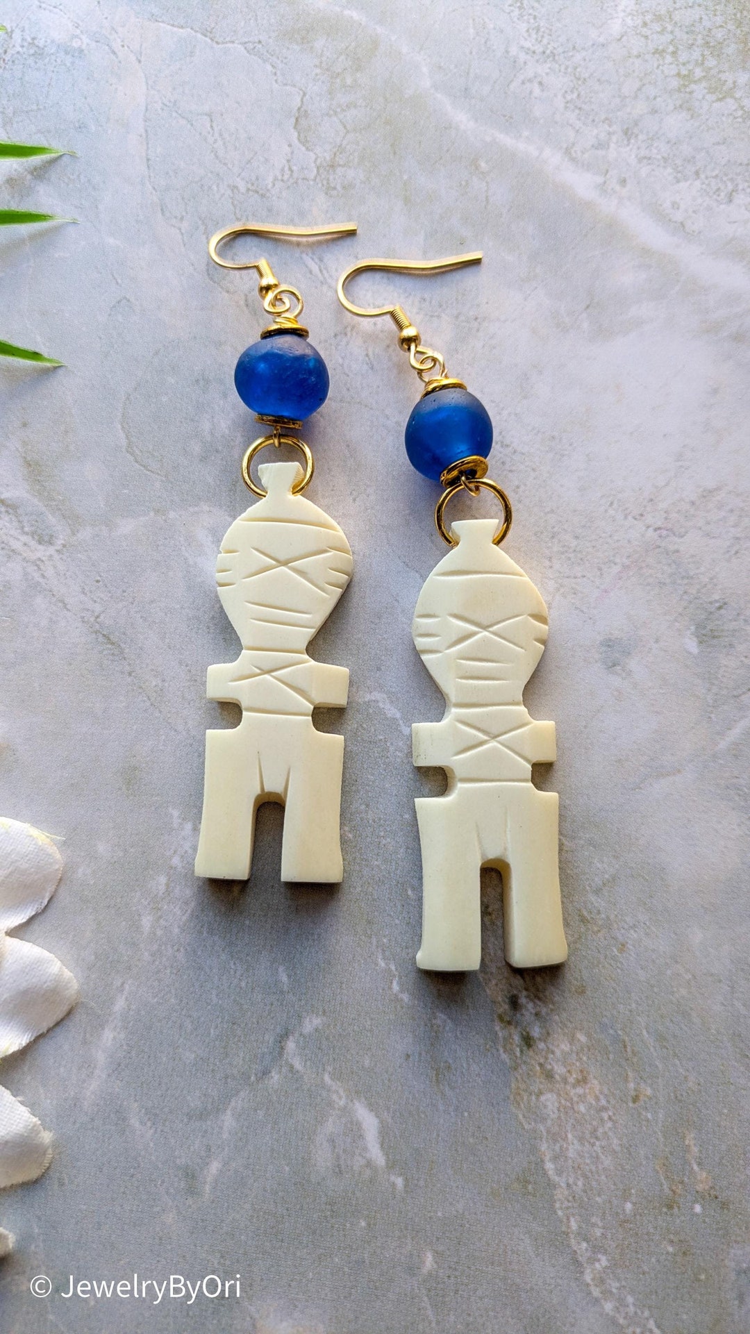 African Ashanti Fertility Doll Earrings: Carved Bone & Blue Glass - Etsy