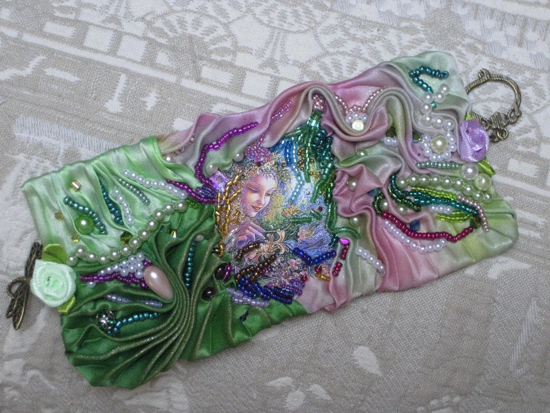 Bracelet Manchette Soie shibori Rose Vert Beige Fleurs Cristal Haute ...