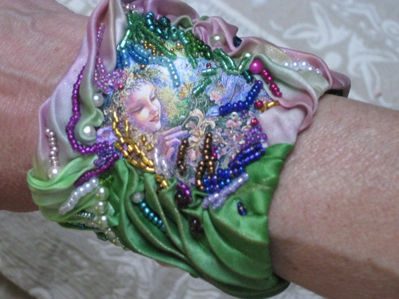 Bracelet Manchette Soie shibori Rose Vert Beige Fleurs Cristal Haute ...