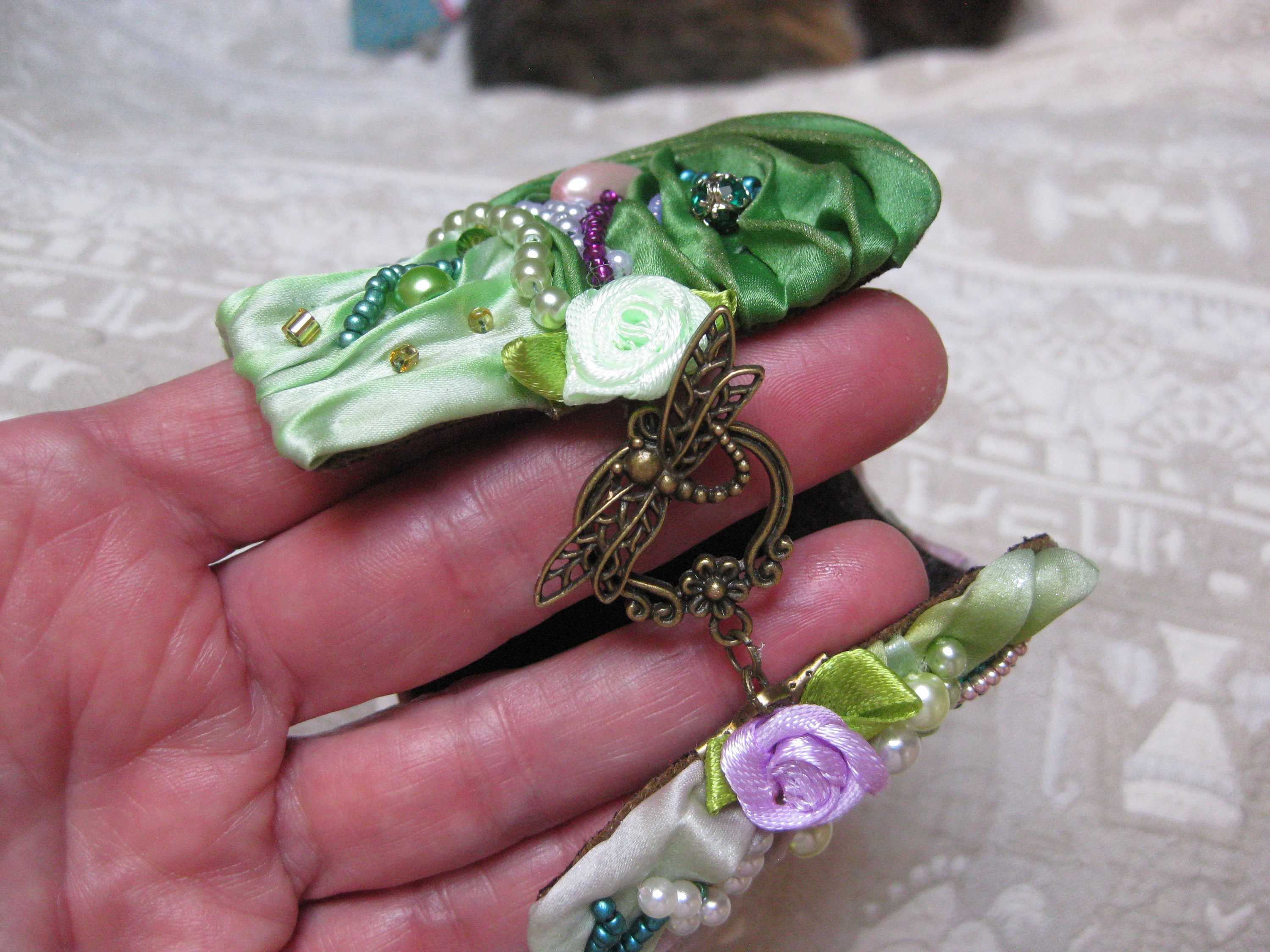 Bracelet Manchette Soie shibori Rose Vert Beige Fleurs Cristal Haute ...