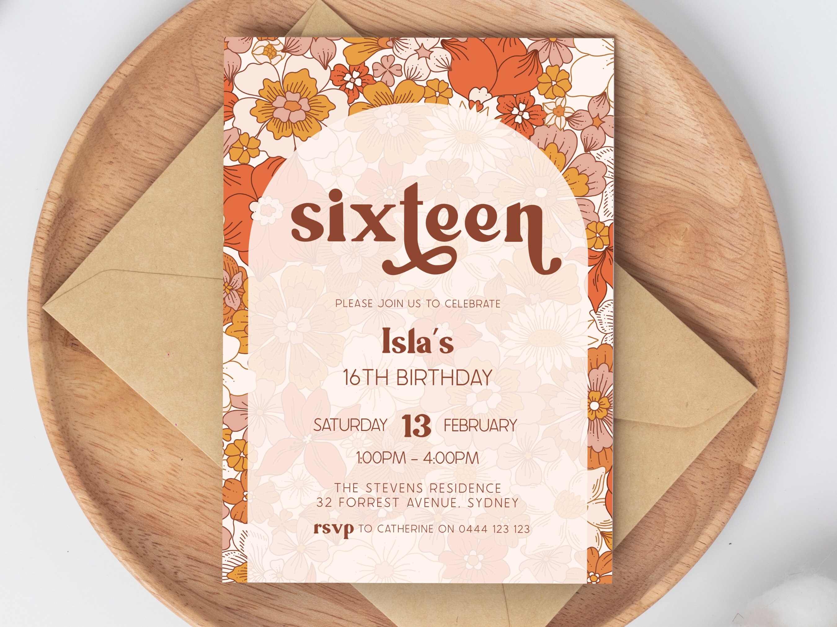 Retro Floral 16th Birthday Invitation | INSTANT DOWNLOAD | Sixteenth ...