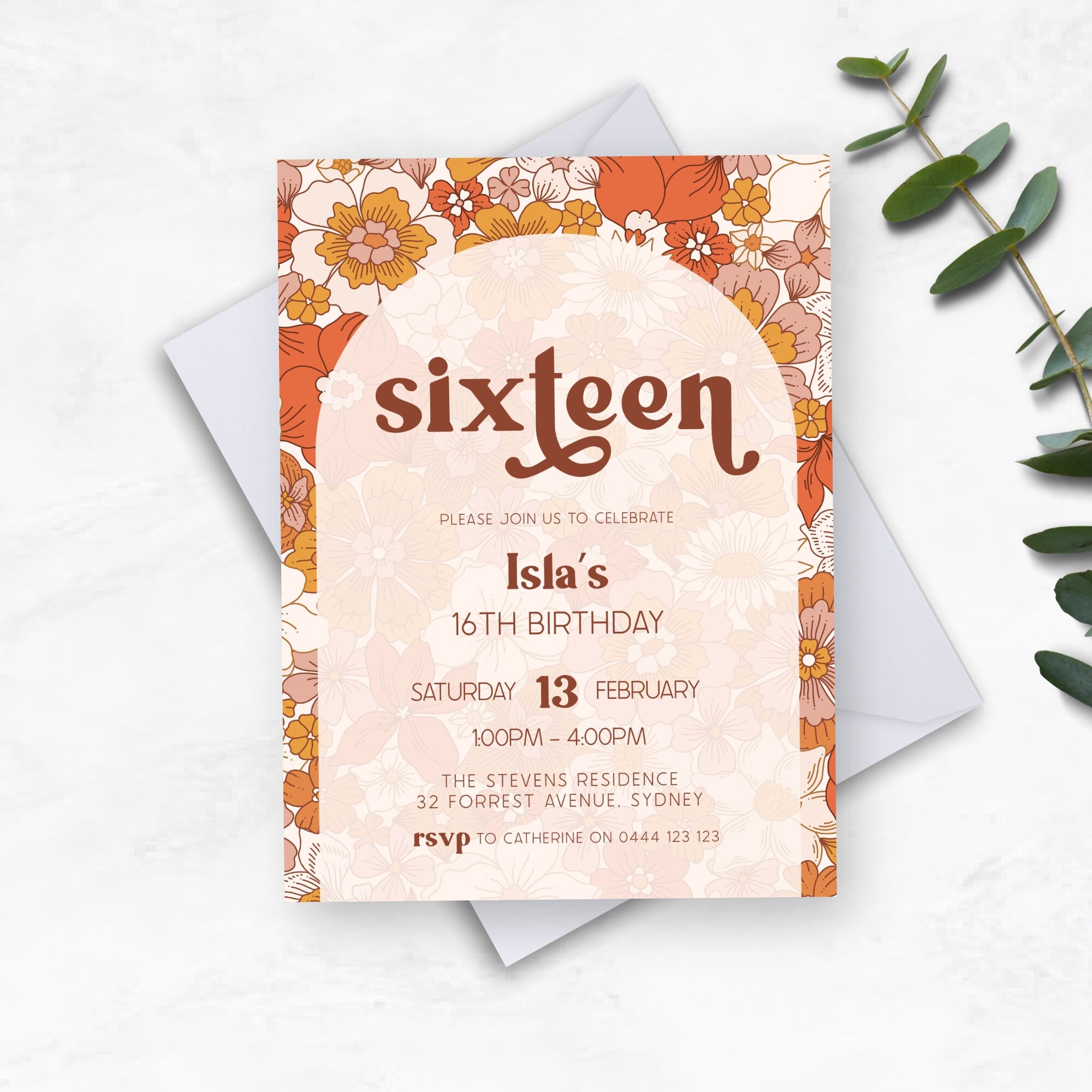 Retro Floral 16th Birthday Invitation | INSTANT DOWNLOAD | Sixteenth ...