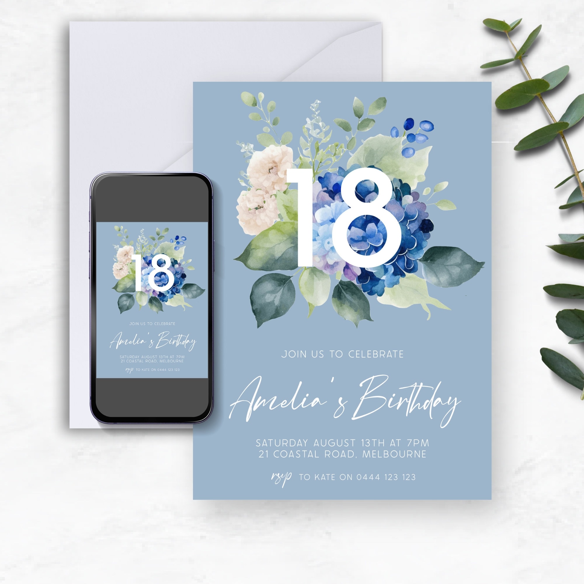 Blue Floral 18th Birthday Invitation | INSTANT DOWNLOAD | Hydrangea ...