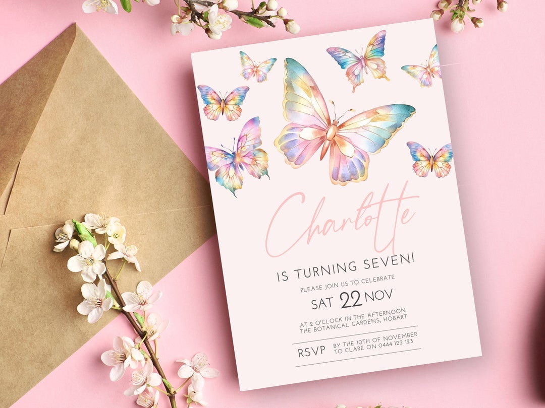 Butterfly 7th Birthday Invitation | DIGITAL DOWNLOAD | Girls Seventh ...