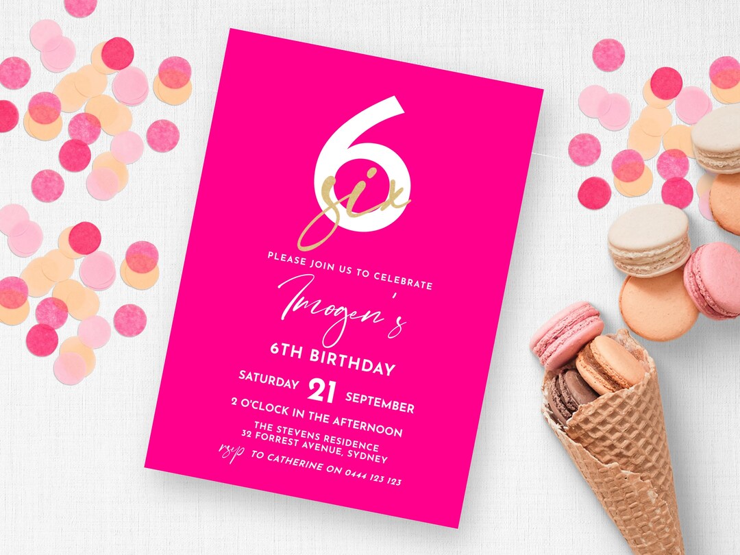 Hot Pink and Gold 6th Birthday Invitation | INSTANT DOWNLOAD | Bright ...