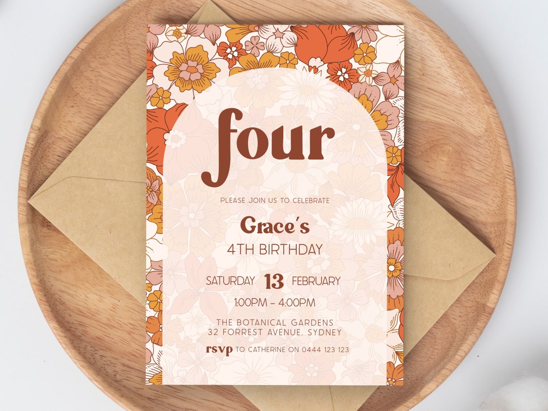 Retro Floral 4th Birthday Invitation | INSTANT DOWNLOAD | Fourth Party ...