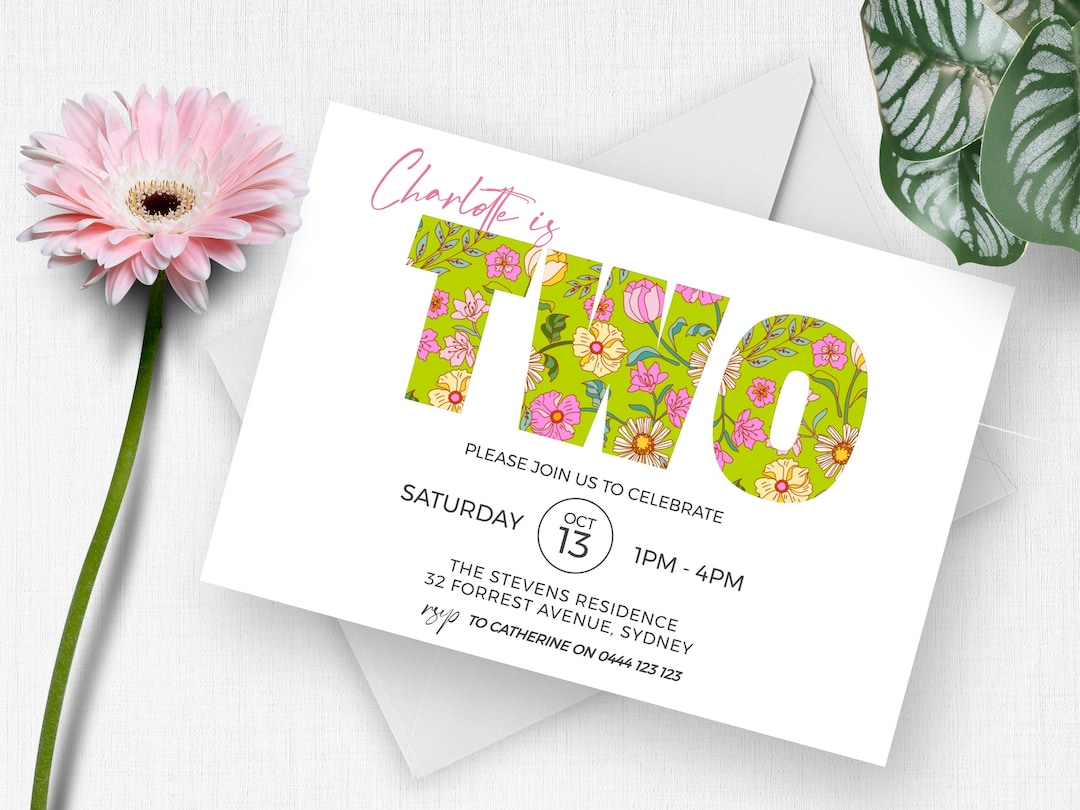 Pink and Green Floral 2nd Birthday Invitation INSTANT DOWNLOAD Girls ...