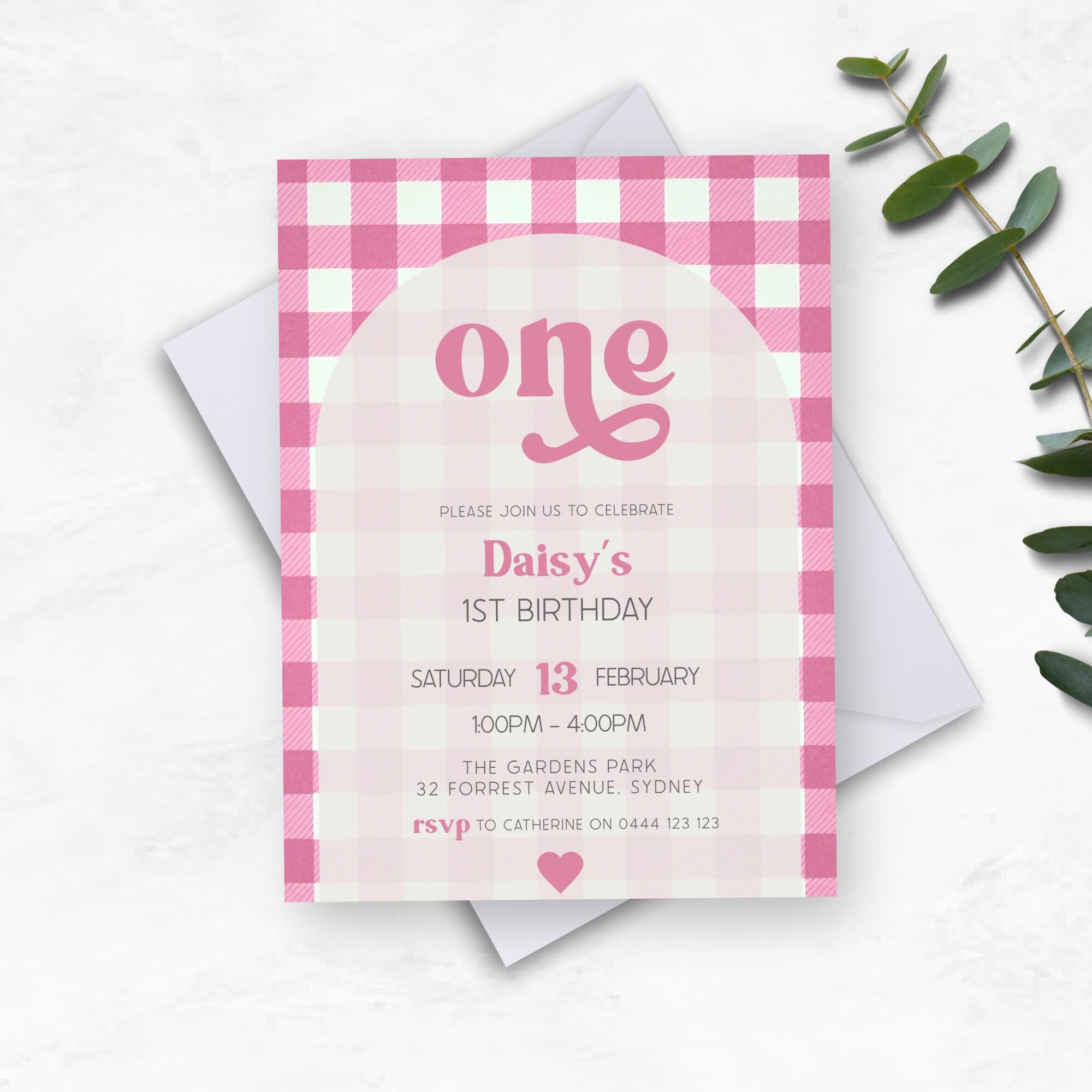 Pink Gingham 1st Birthday Invitation | DIGITAL DOWNLOAD | Girls First ...