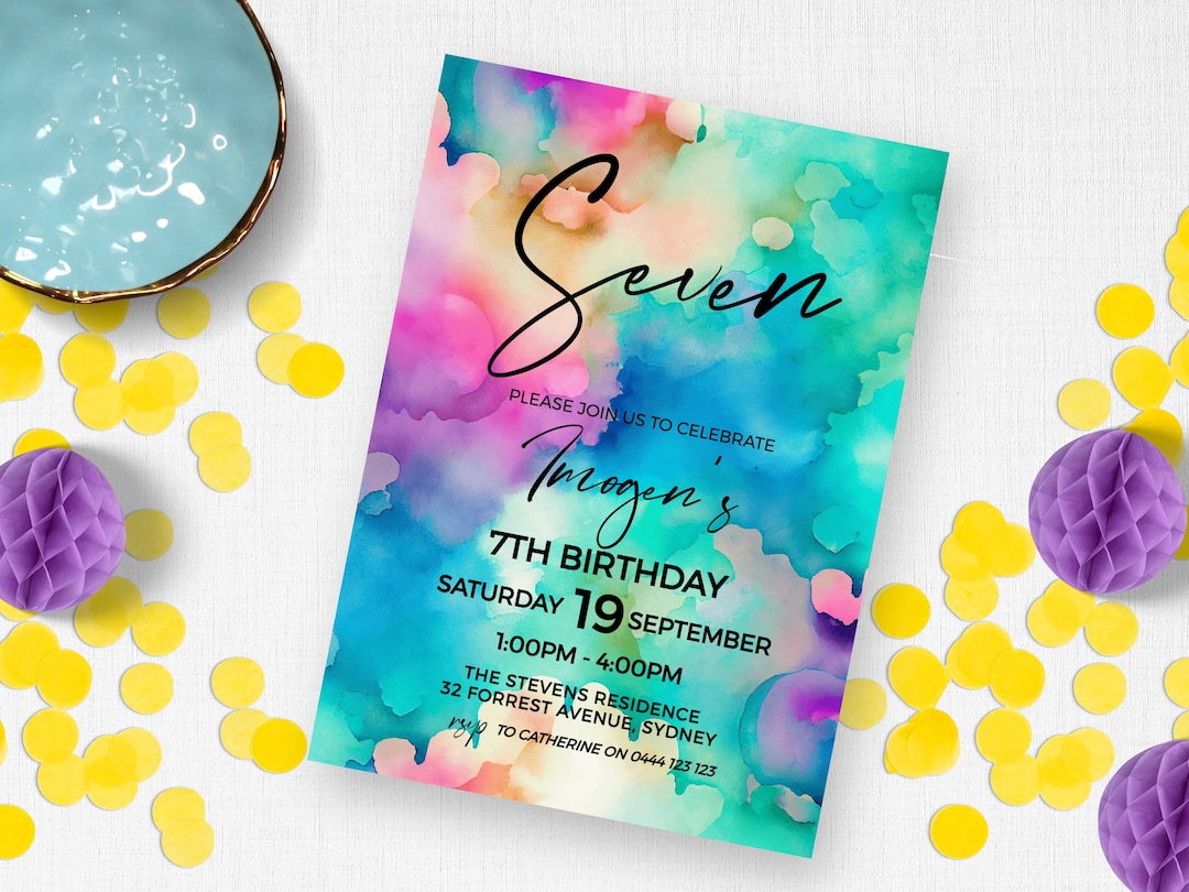 Colorful Tie Dye 7th Birthday Invitation INSTANT DOWNLOAD Girls Seventh ...