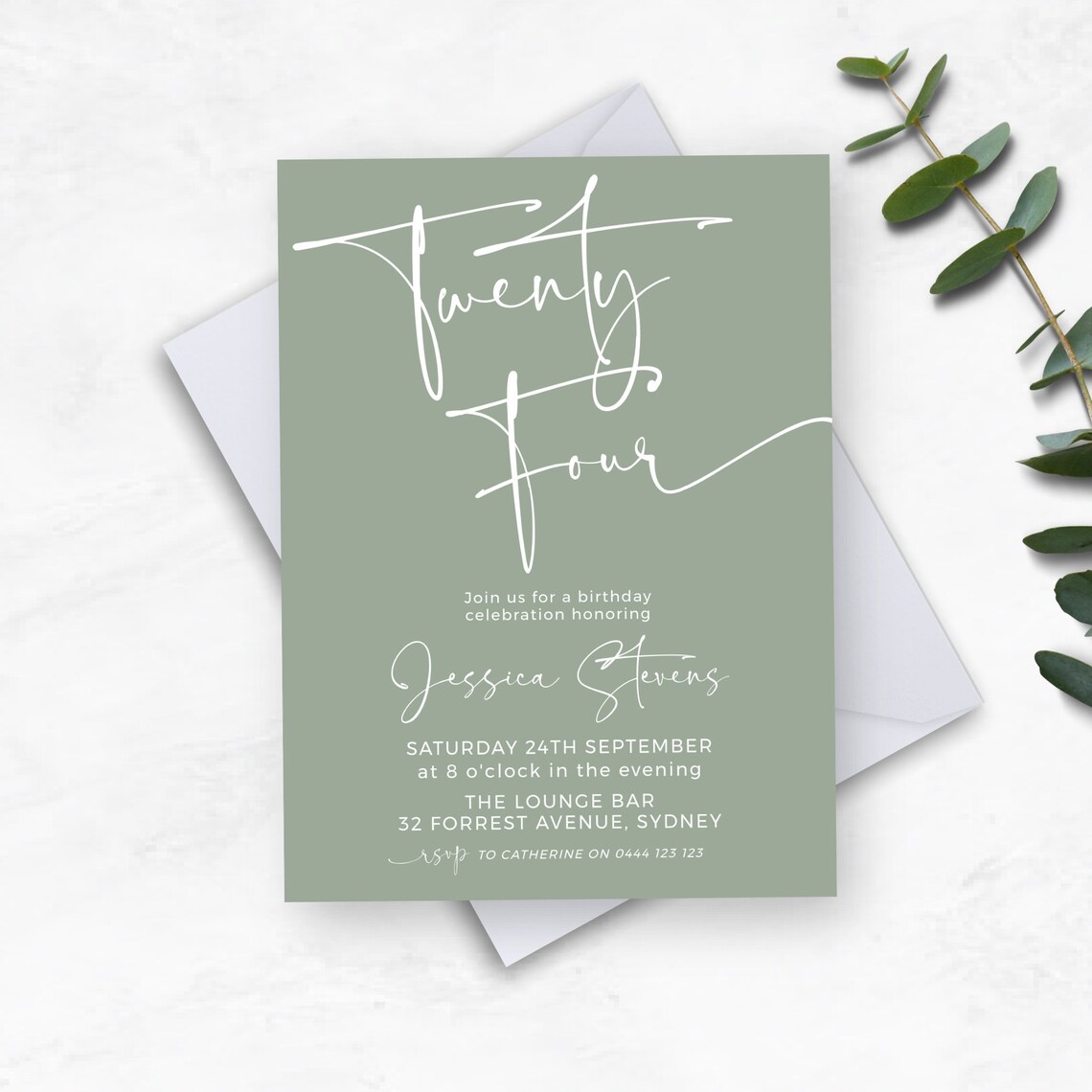 Sage Green 24th Birthday Invitation | INSTANT DOWNLOAD | Minimal Boho ...