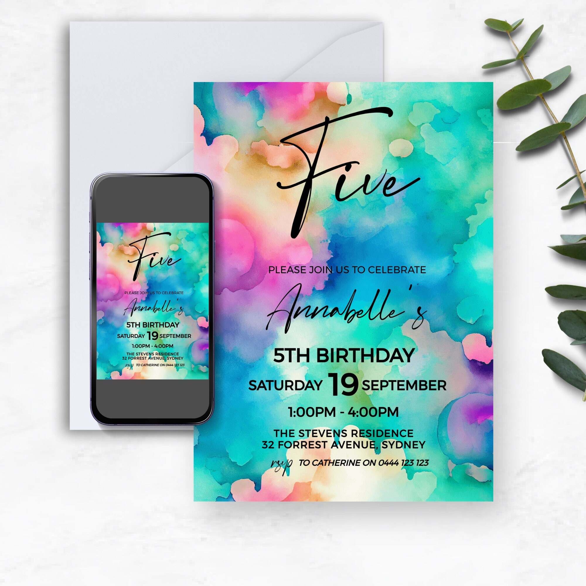 Colorful Tie Dye 5th Birthday Invitation INSTANT DOWNLOAD Girls Fifth ...