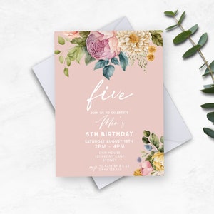 Pink Floral 5th Birthday Invitation | INSTANT DOWNLOAD | Girls Fifth ...